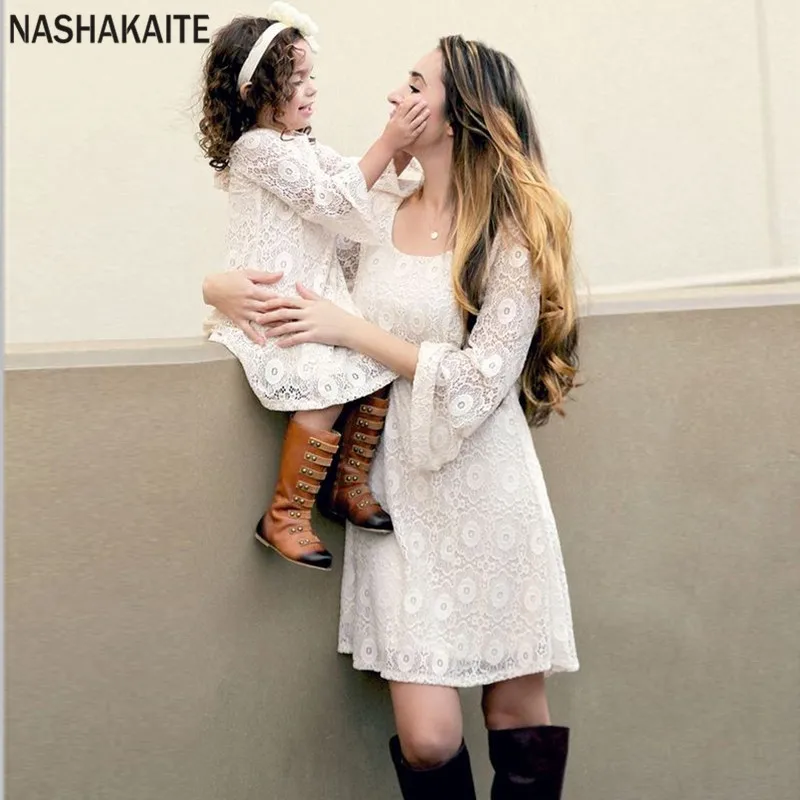 Mommy And Me Clothes Fashion Sweet Flare Sleeve Solid Lace Mini Dress