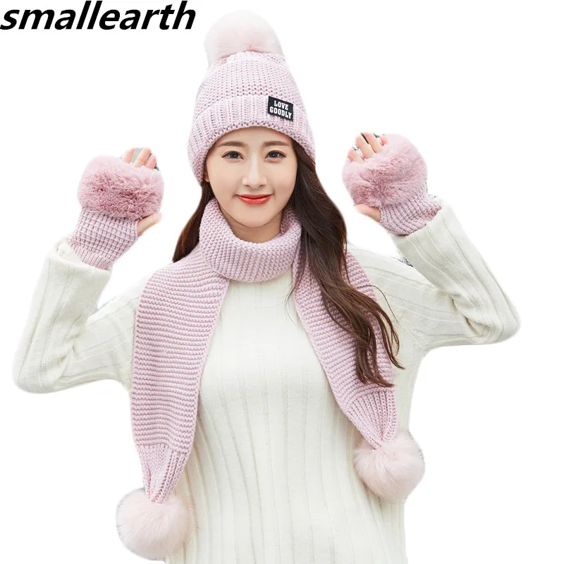 여성용 모자 스카프 장갑 3 피스 세트 겨울 브랜드 니트 모자 스카프 여성용 Gorros 캐주얼 롱 스카프 Chapeu