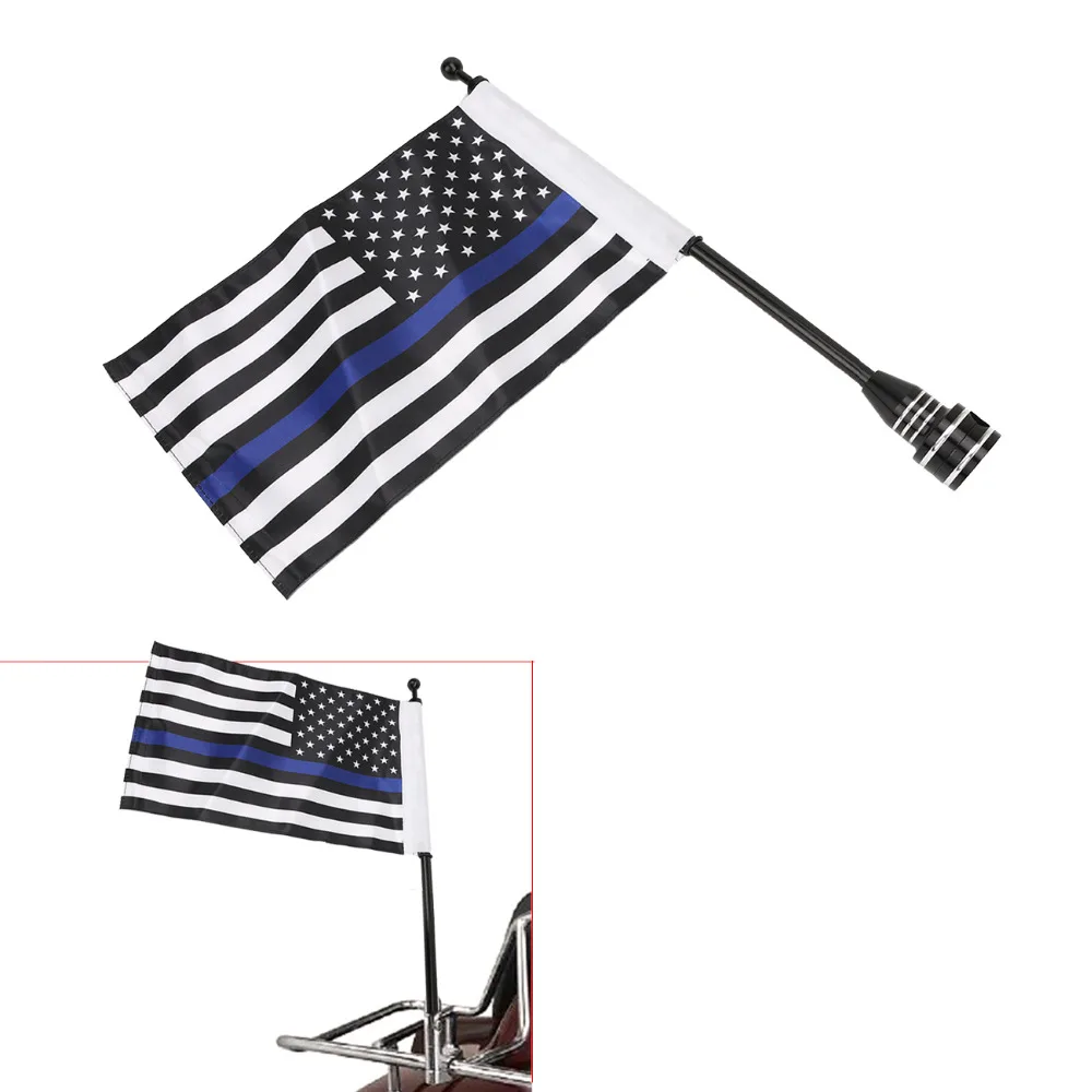 Motorcycle Black Mount Flag Pole + Thin Blue Line USA Flag For Harley ...