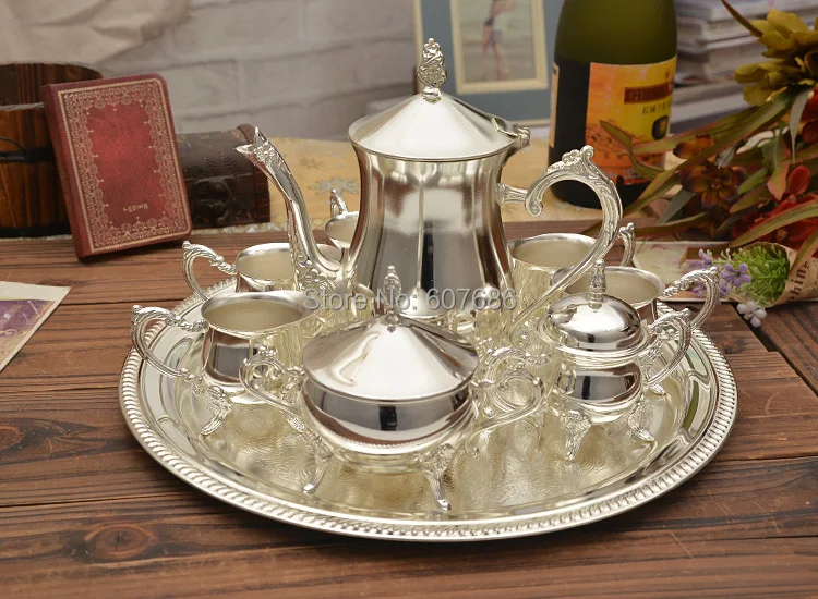 Set of 10 Pieces Elegant Tea Set Coffee Set Pot Cup Tray Plate Metal ...