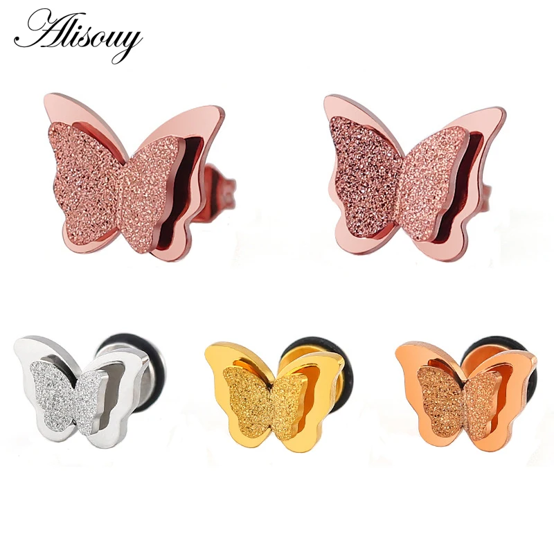 Alisouy Butterfly Earrings Rose Gold Color Stainless Steel Stud Earrings for Women Child Frosted ...