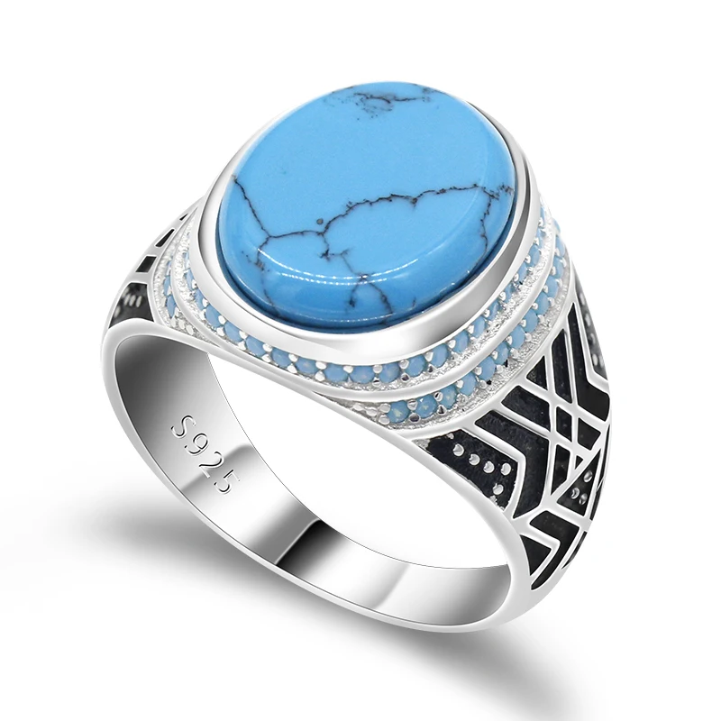 Men Jewelry Turkish Ring with Sea Blue Crack Turquoise Big Flat Stone ...