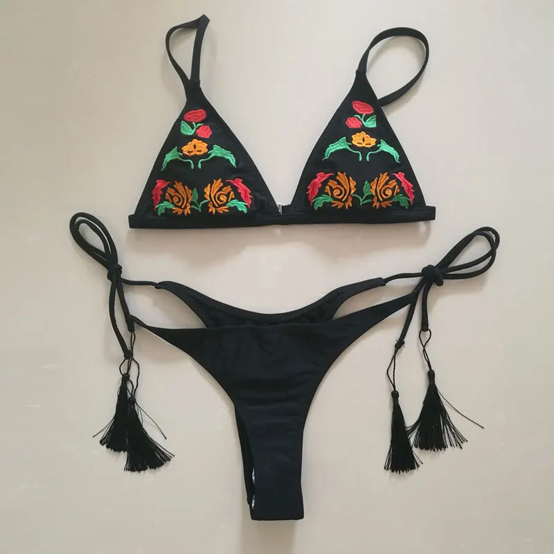 UTTU New Embroidery Swimsuit Women Sexy Thong Bikini Bandage Tassel ...
