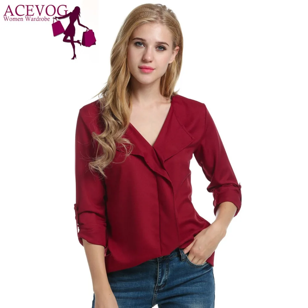 Acevog Autumn 2017 Women Long Sleeve Turn Down V Neck Blouse Solid