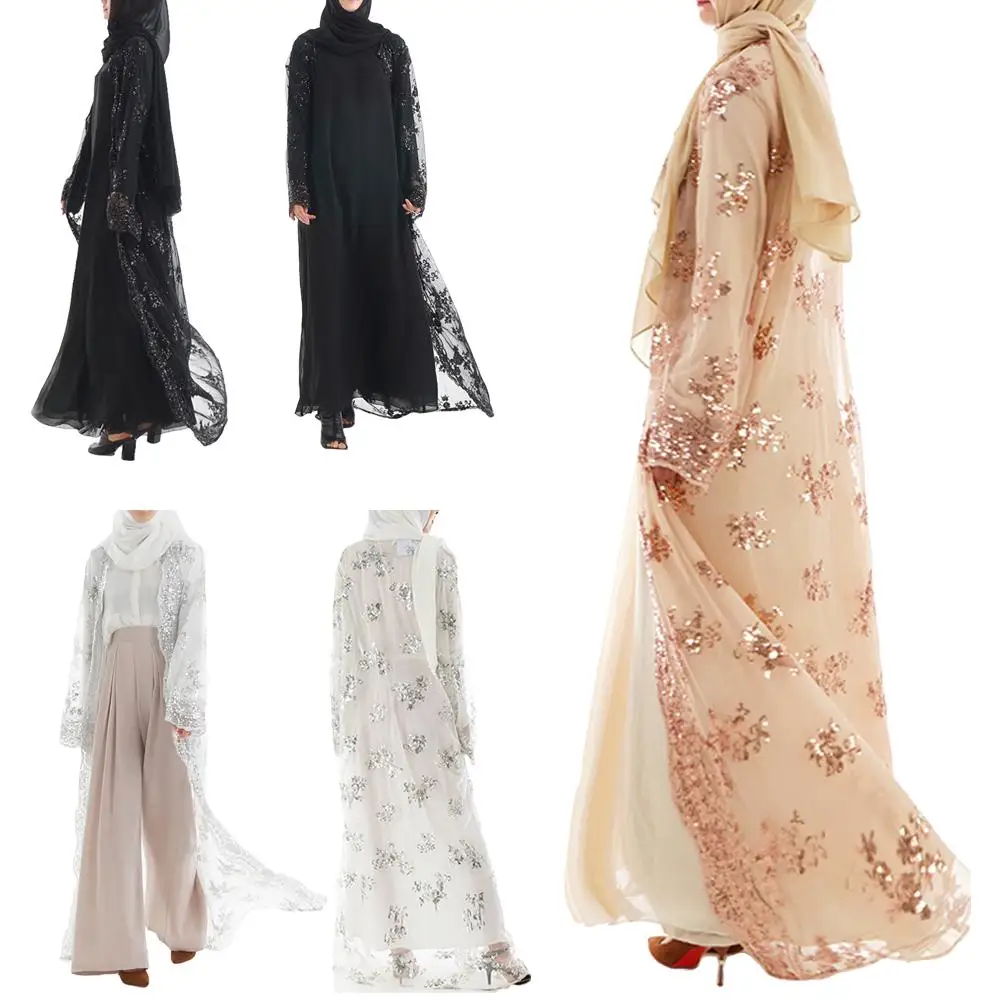 Muslim Women Lace Sequin Cardigan Maxi Dress Luxury Kimono Open Abaya Robe Kaftan Dubai ...
