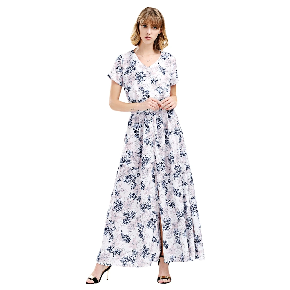 Summer Short Sleeve Maxi Long Dress Women Floral Printing Casual V Neck