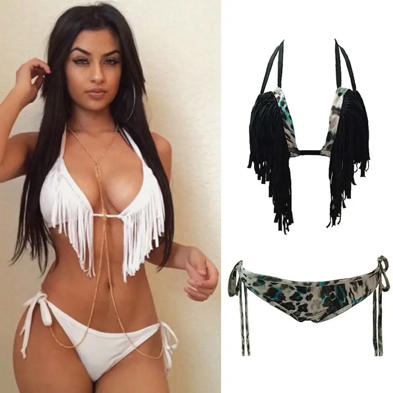 Sexy Women Tassel Bandage Bikini Set 2017 Push Up Padded Bra Swimsuit