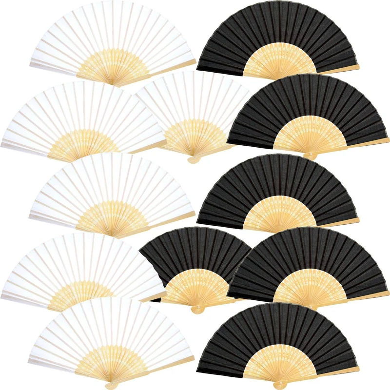 12-Pcs-Black-and-White-Hand-Fans-Silk-Bamboo-Folding-Fan-waaiers-hand ...