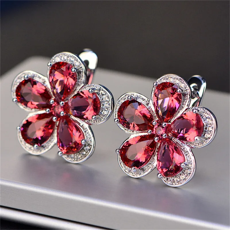 Clip-Earrings-For-Women-S925-Flower-Artificial-Ruby-Ear-Studs-Vintage ...