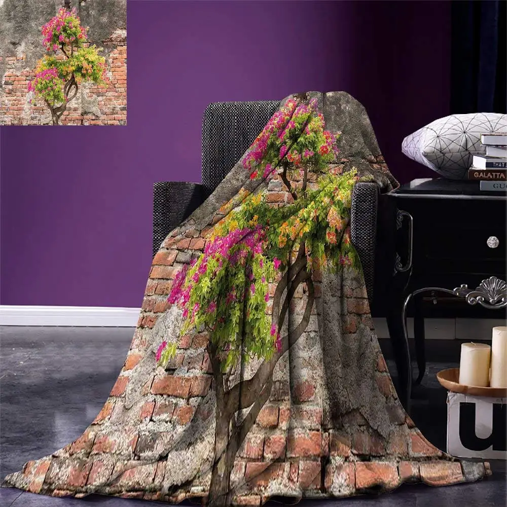 Brick Wall Throw Blanket Fresh Little Tree with Fuchsia Flowers in ...