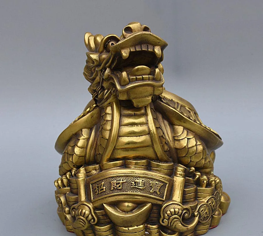 9" Chinese Brass Copper Feng Shui Wealth Fu Coin Dragon Turtle Tortoise ...