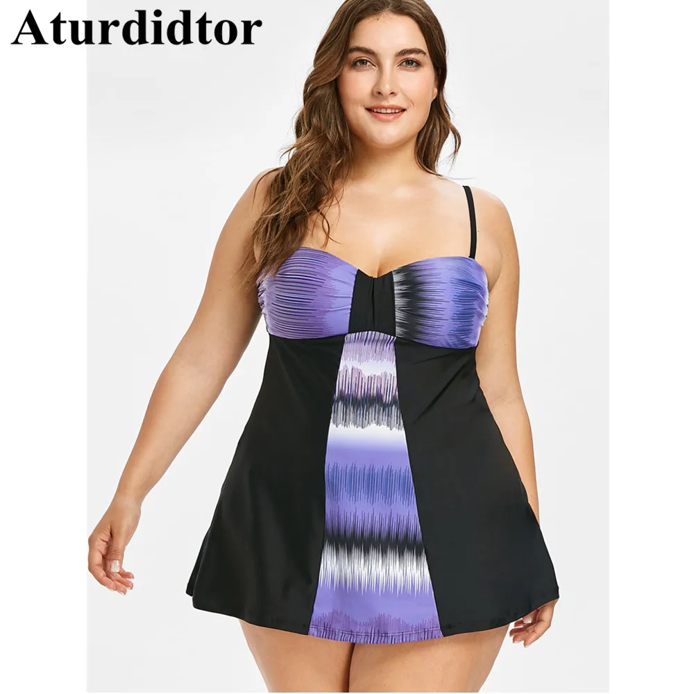 Plus-Size-Tankini-Set-Two-Piece-Color-Block-Black-Purple-Beach-Dress ...
