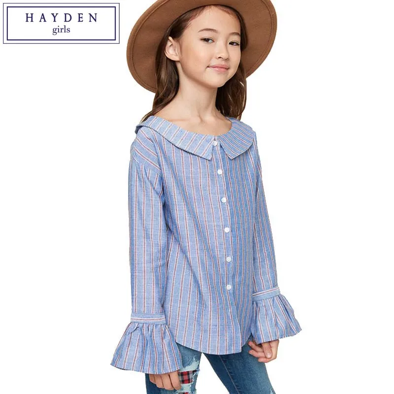 HAYDEN Girls Peter Pan Collar Shirt in Kids Flare Sleeve Shirt Striped ...