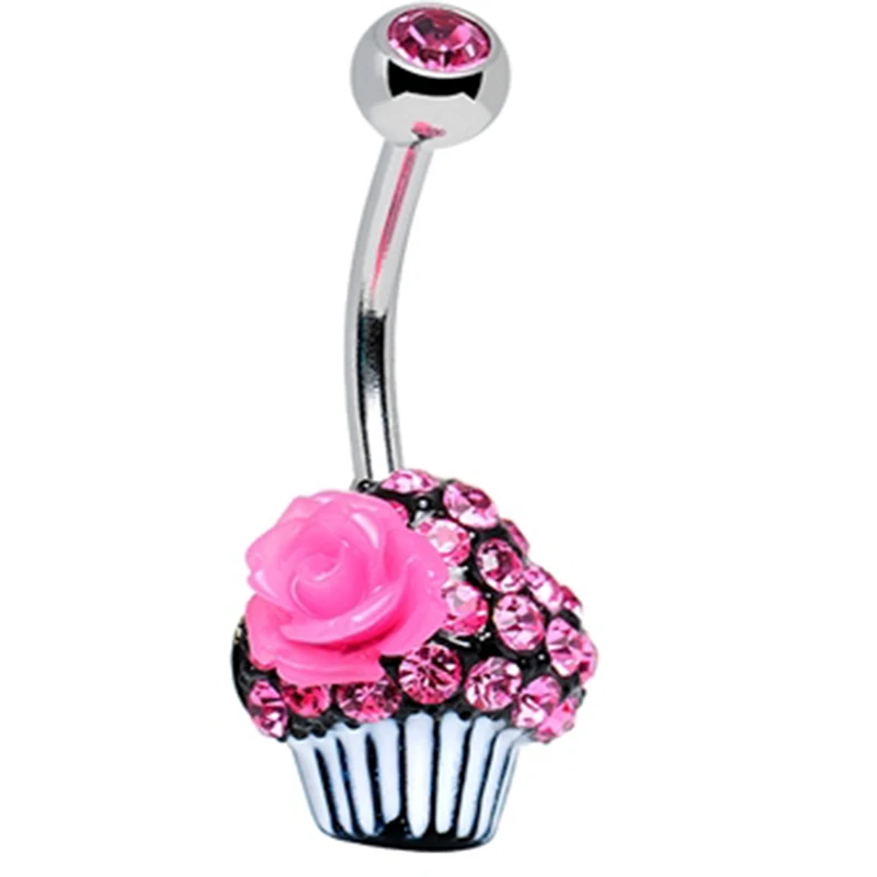 50pcs/lot Stainless Steel Piercing Pink Flower Belly Button Ring Dangle ...