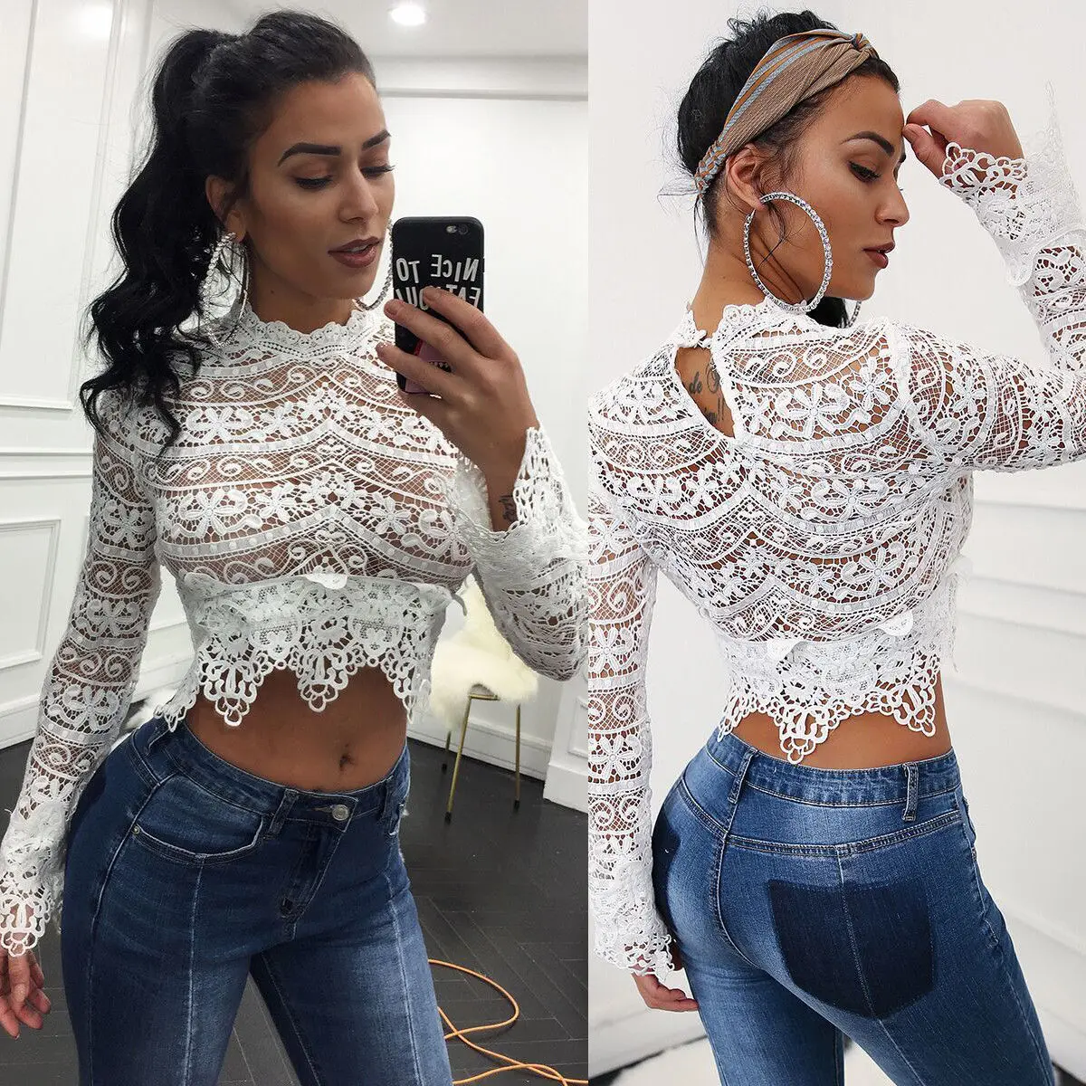 New Summer Sexy Women Lace Floral Long Sleeve Crop Tops Hollow Out Slim