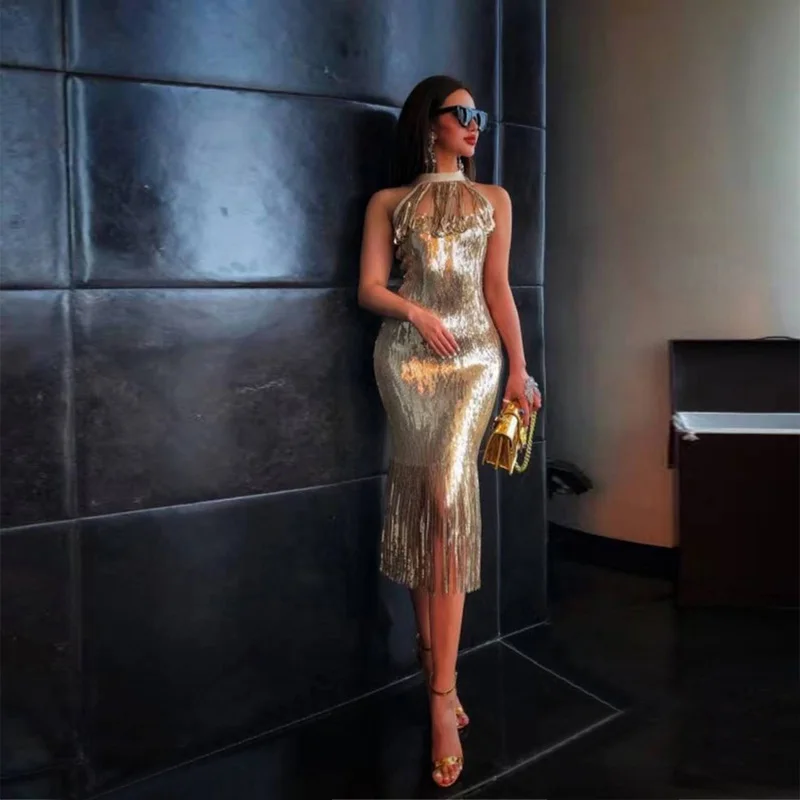Fashion Gold Sequin Midi Celebrity Party Dress Top Quality Women Sexy