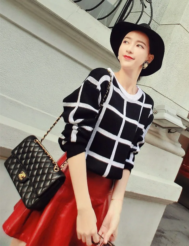 Vintage fashion preppy style all match slim plaid sweater o neck loose ...