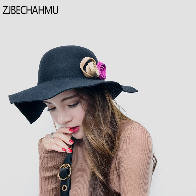 ZJBECHAHMU Hats Fashion Vintage Floral Solid Wool Fedoras Caps For ...