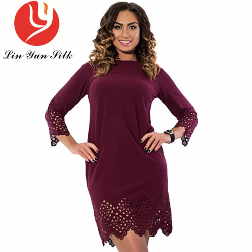 LINYUN 2017 Women Plus size dress 6XL Solid Hollow out Straight Dress ...