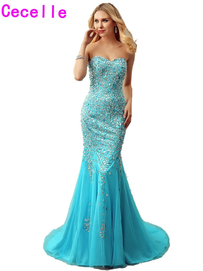 Sparkly Blue Mermaid Tulle Prom Gowns Sweetheart Formal Evening Prom