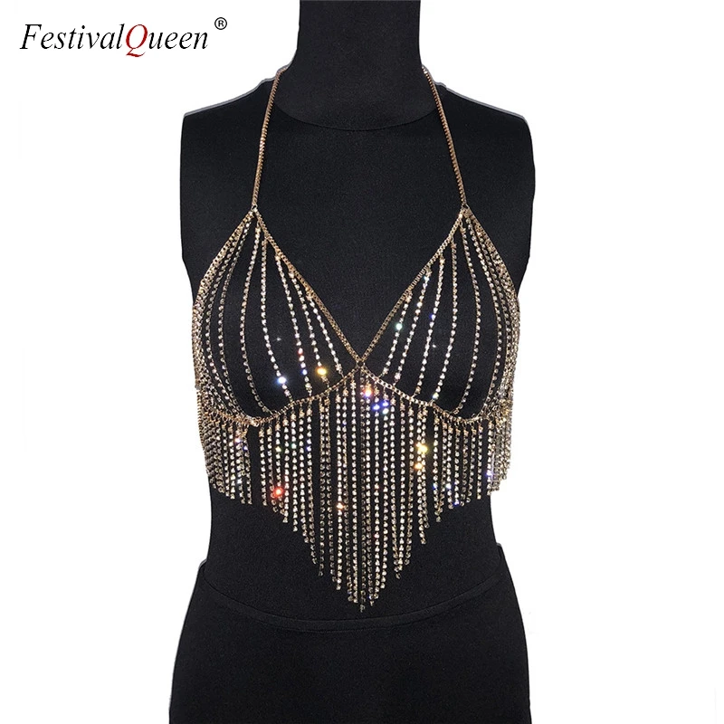 Festivalqueen Bling Tassel Rhinestone Crop Tops Women Summer Sexy Gold