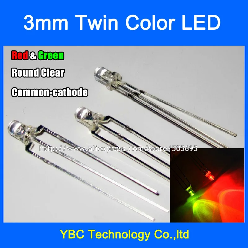 500pcs/lot 3mm Red Green LED Common Cathode 3Pin F3 Round Water Clear ...