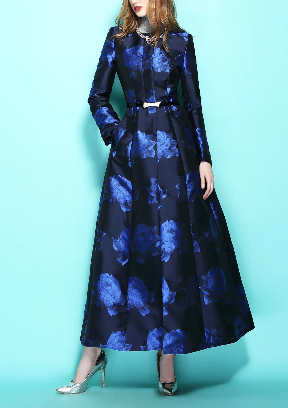 S 3xl 2019 Autumn Winter Women Lady Blue Rose Flower Jacquard Trench
