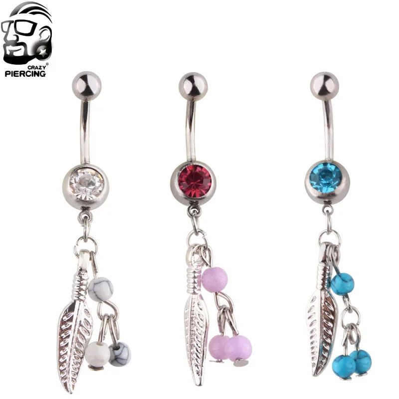 New 1Pcs Women Sexy Leaf Feather dangle belly button rings stainless ...