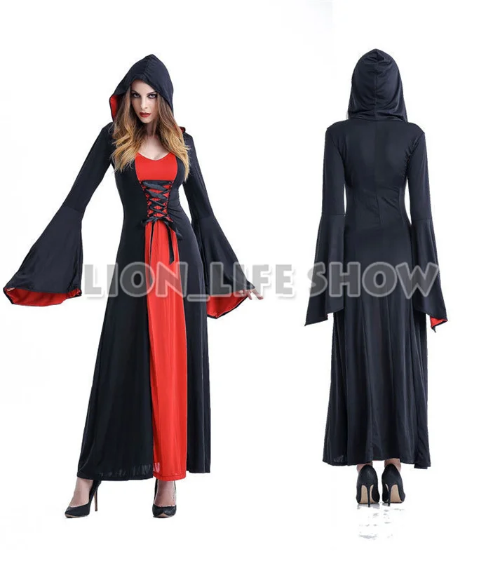 Women Medieval Halloween Costume Witch Vampire Hooded Dress Cosplay ...