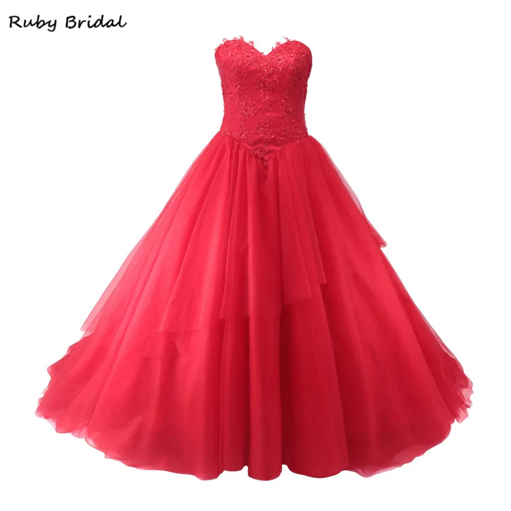 Ruby Bridal 2017 Vestido De Festa Long Ball Gow Prom Dresses Red Tulle ...