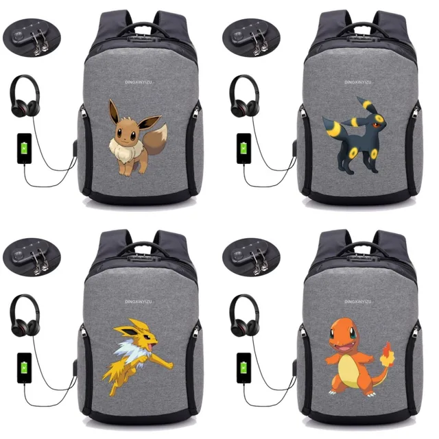 anime Pokemon Pikachu backpack USB Charging Anti-theft bag student ...