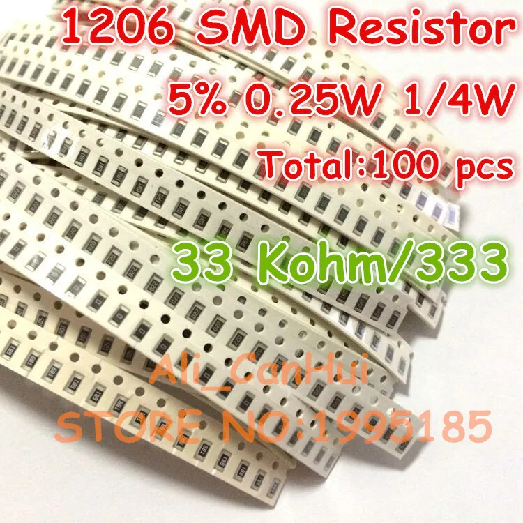 100 unids/lote 1206 5% 33 Kohm 33 K 333 1/4W 0,25 W resistencia SMD 3 ...