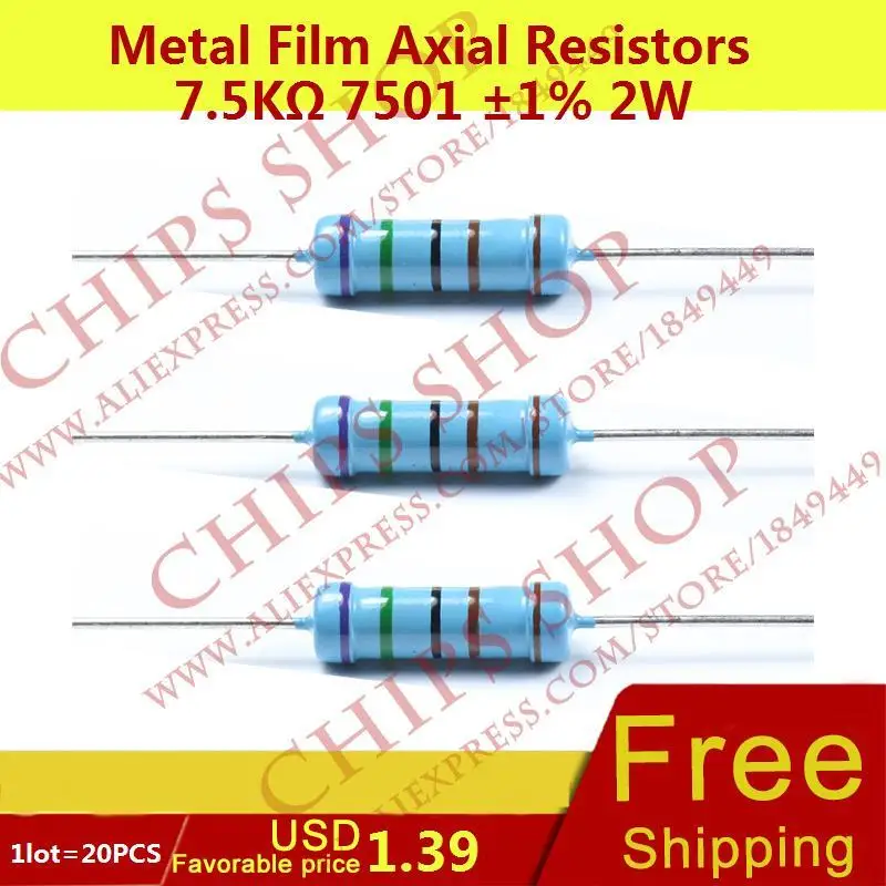 1LOT=20PCS Metal Film Axial Resistors 7.5Kohm 7501 1% 2W 7500ohm ...