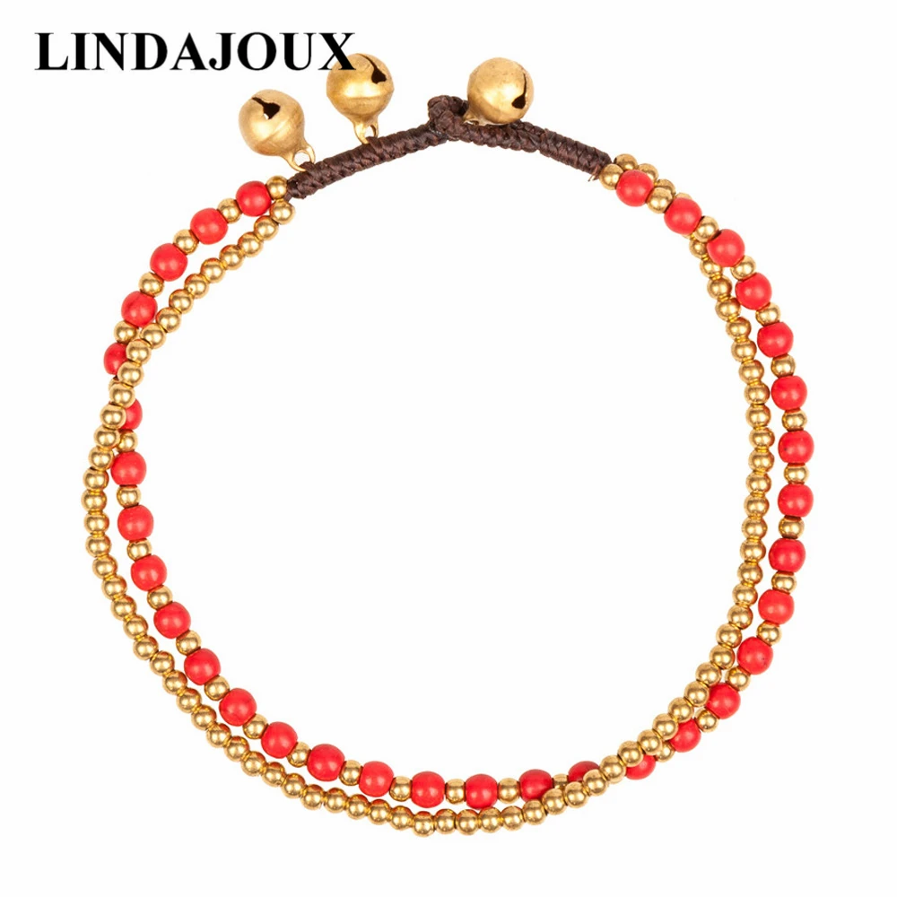 Original Handmade Ethnic Dual Layers Red Stone Chain Anklets For Women