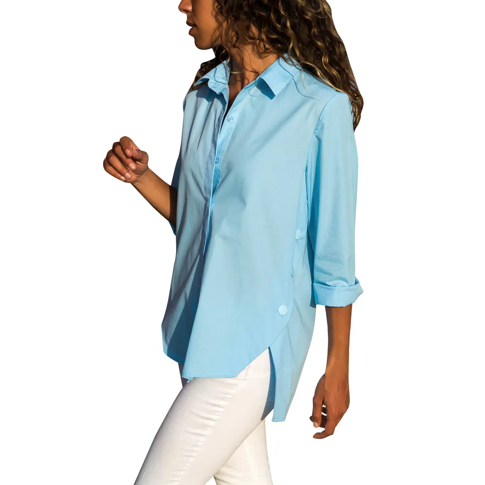 Womens Solid Button Down Long Sleeve Blouse Basic Shirts Tops Women