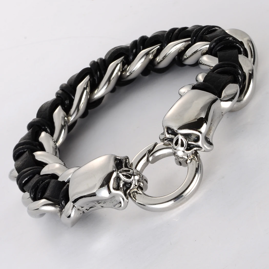 Aliexpress.com : Buy Men stainless steel leather skull bracelet 316L ...