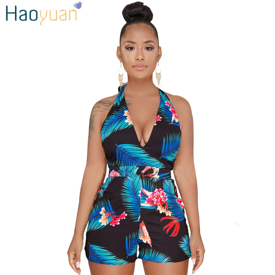 Haoyuan Sexy Playsuit Floral Summer Overalls 2018 Halter Deep V Party