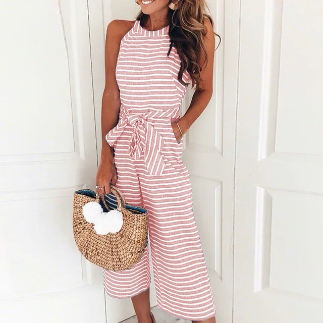 Womens Sleeveless Striped Wide Leg Jumpsuits Summer Belted Playsuit