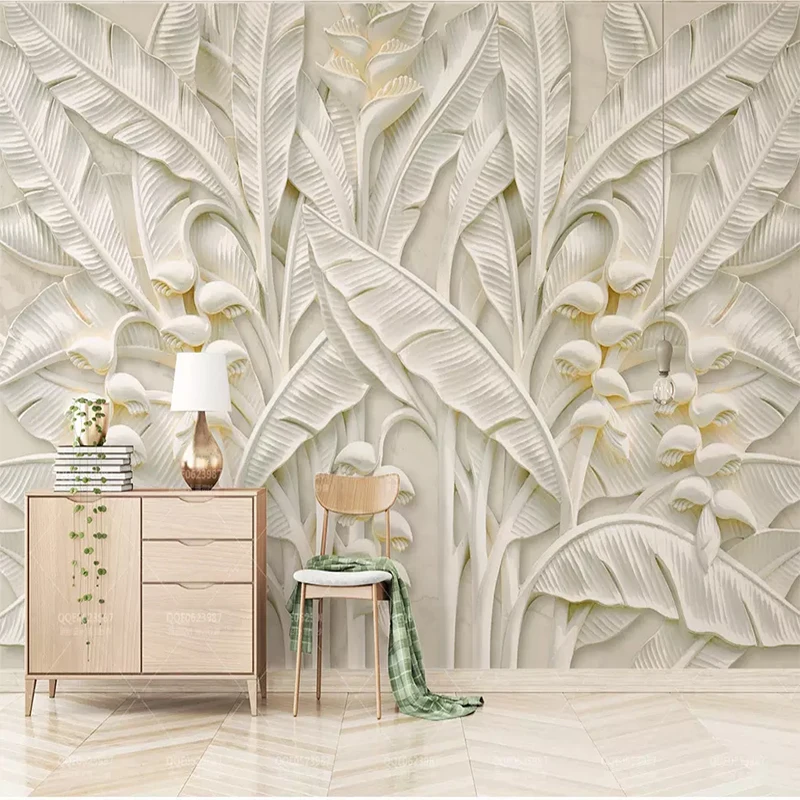 Custom Mural Beige 3d European Style Relief Leaf Mural Wallpaper Living