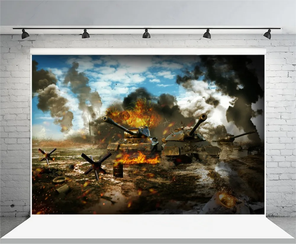 Laeacco War Fire Smoke Battle Zone Tanks Photography Backgrounds Vinyl ...