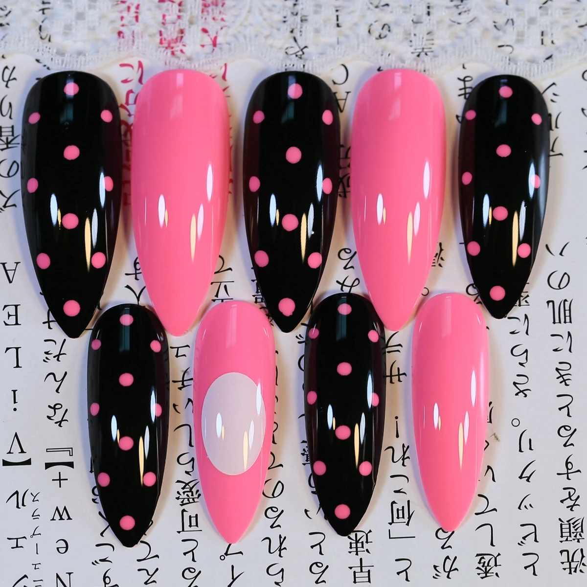 24pcs Nails Kit Super Long Fake Nails Polka Kot Design Nail Art False ...