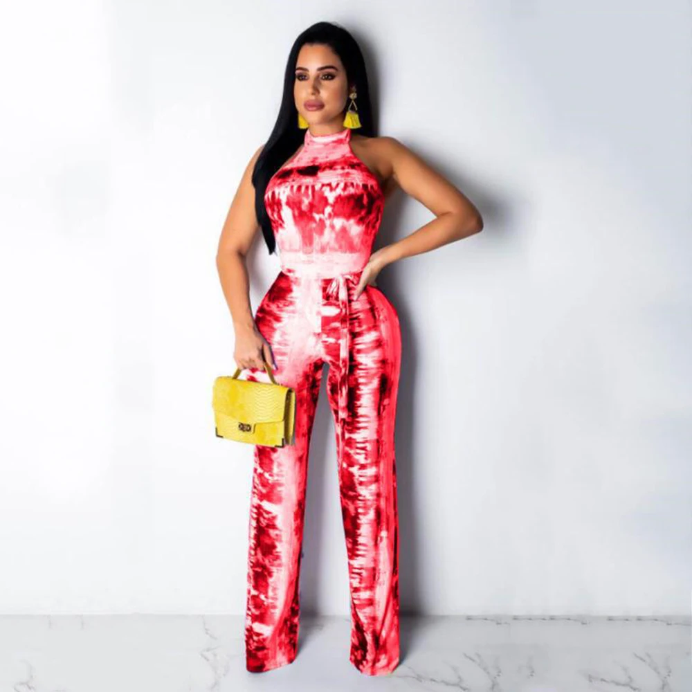 Women Sexy Print Sleeveless Halter Bandage Backless Jumpsuits Elegant