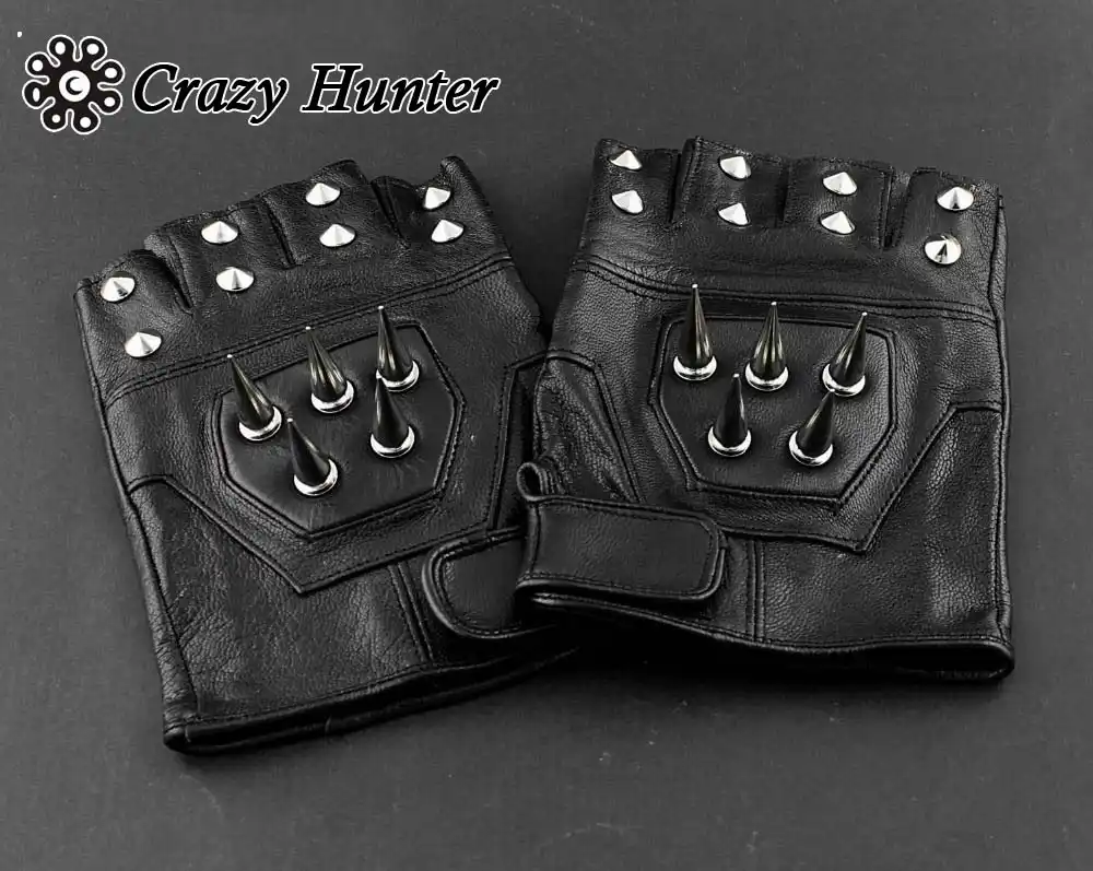 Mens Leather Spike stud Punk Rocker Driving Motorcycle Biker Fingerless ...