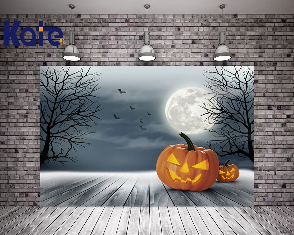 Kate Halloween Backdrops Photography Gray Sky Wood Floor Pumpkin Photo ...