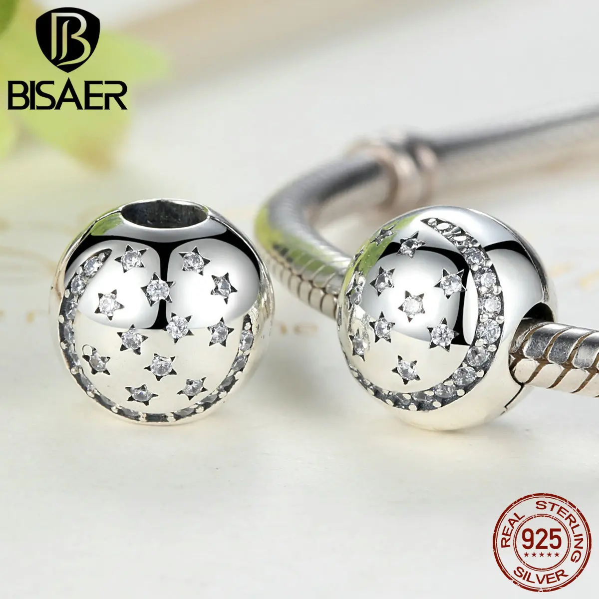 925 пробы серебро Мерцающая ночь клип, маленькие звезды Ясно CZ талисманы подходит для браслетов ...