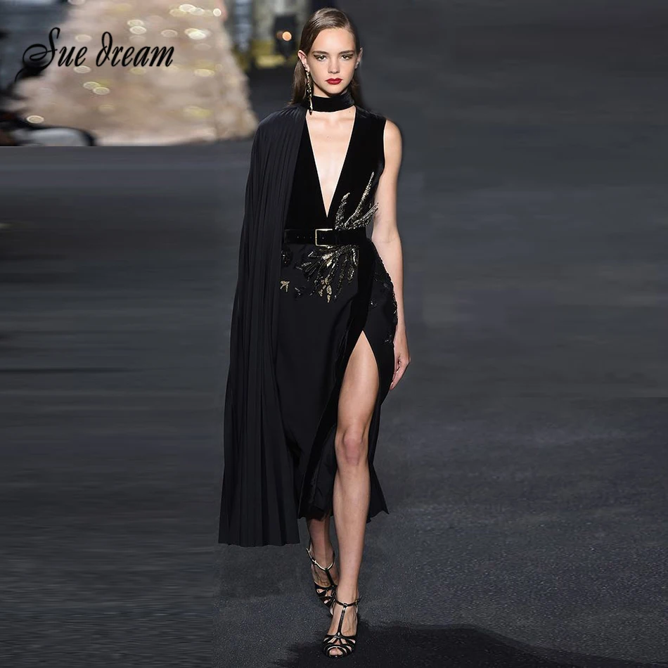 2017 New Winter Women split Bandage runway Dress Black Chiffon ...