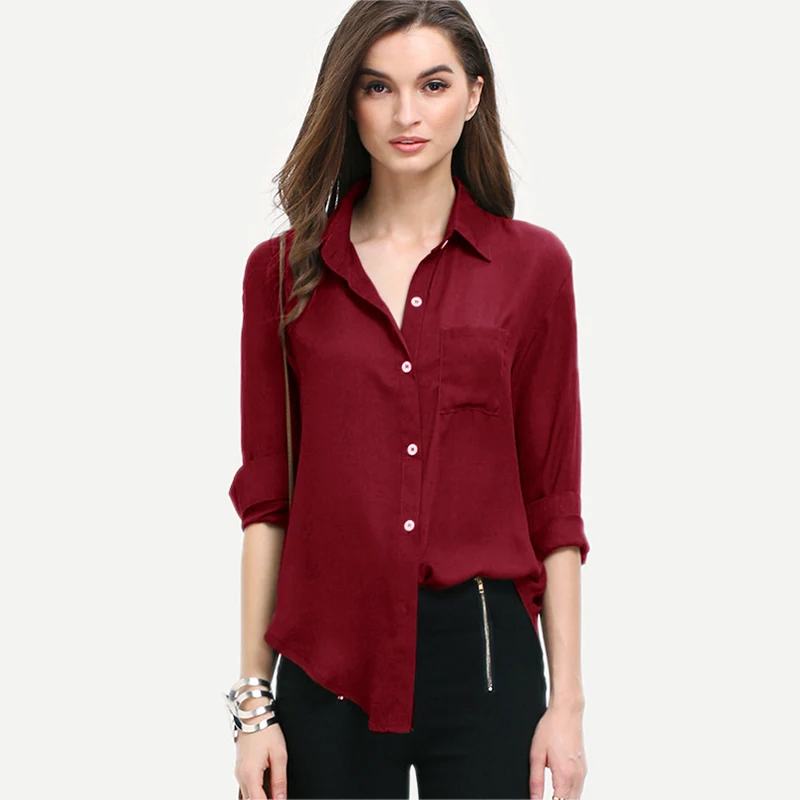 Womens Solid Loose Plus Size Chiffon Blouse Long Sleeve Feminine