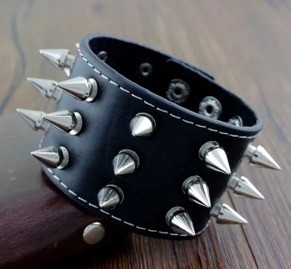 Metal Stud Black Punk Hip Hop Wide Biker Leather Wrist Belt Cuff ...