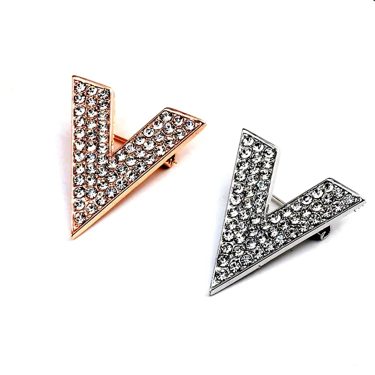 Broches coreanos con letras en V para mujer, Pin de cristal con ...