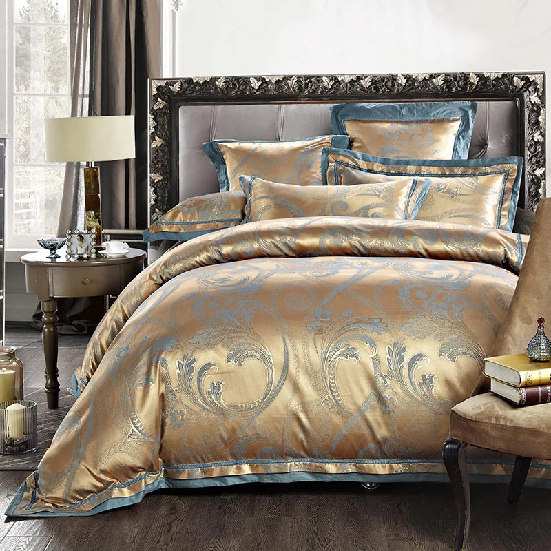 Hot Luxury Cotton Satin Jacquard Bedding Sets Purple Golden Bed Set